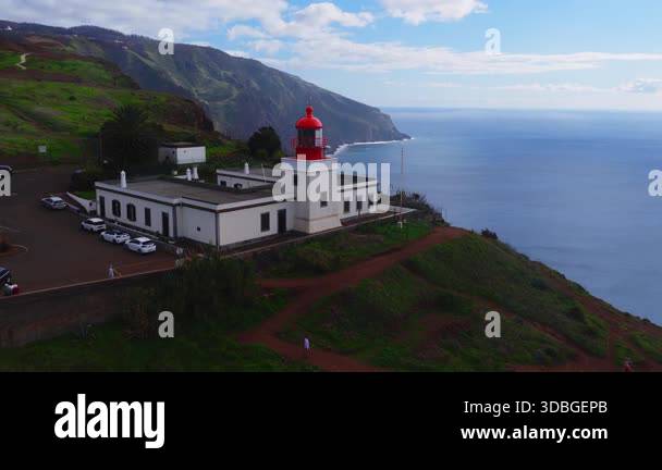 Aerial view shows Ponta do Pargo Lighthouse on Madeira Island, Portugal ...