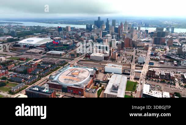 Detroit, USA, 28 July 2025: Detroit Skyline with Arenas, Little Caesars ...