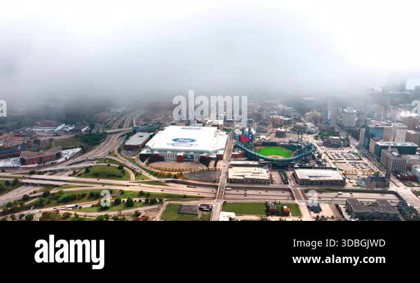 Detroit, USA, 28 July 2025: Foggy Aerial View of Detroit Sports Arenas ...