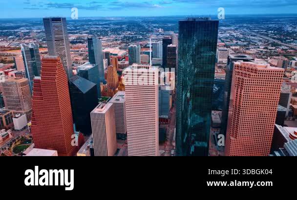 Midtown of Houston, Texas with high-rise architecture. Drone flight ...