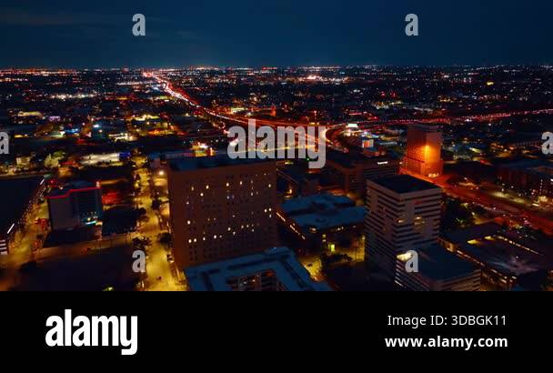Scenic view on the night panorama of Houston, Texas, USA. Highways with ...