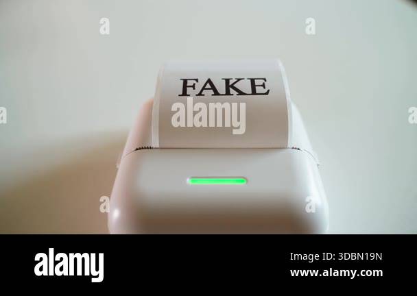 Mini printer prints the word "FAKE" on white paper, close-up. Thermal ...