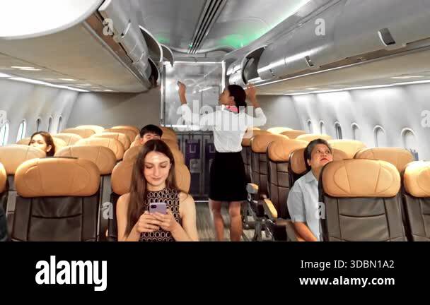 Passengers and flight attendant inside a modern airplane cabin; some ...