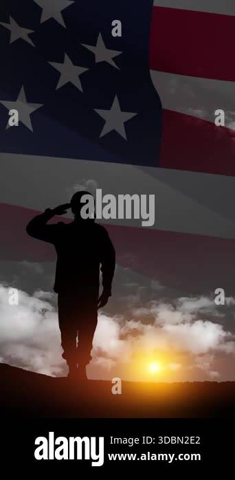 Silhouette of soldier saluting on background black and white sky and ...