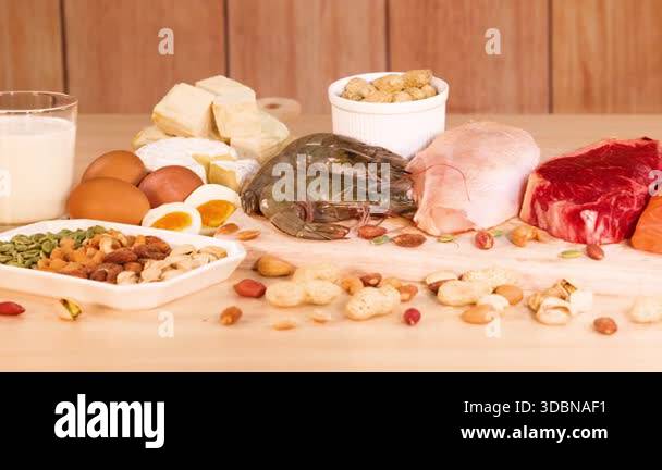 Variety of protein-rich foods displayed on table Stock Video Footage ...