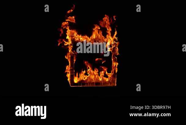Shot of a burning wooden frame isolated on a black background. Intense ...