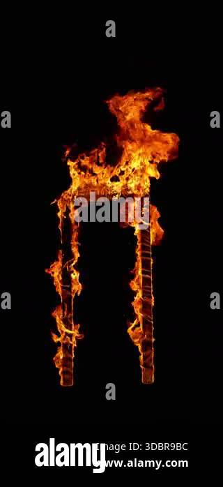 Shot of a burning wooden frame isolated on a black background. Intense ...