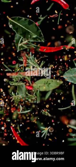Aromatic spices, herbs, and chili peppers falling in ultra slow motion ...