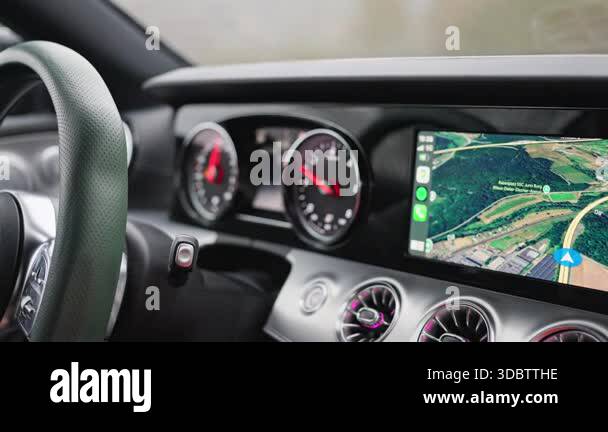 Dashboard Navigation Screen Showing Map Route, Steering Wheel And Red ...
