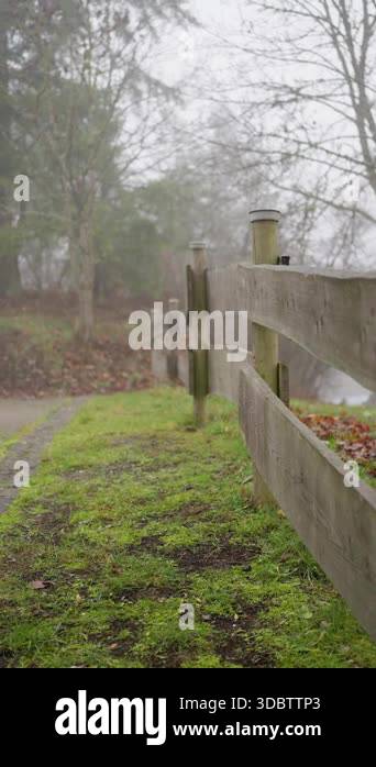 Mossy Wooden Fence Along Misty Trail, Close Up Of Weathered Posts And ...
