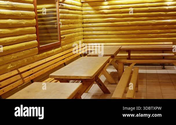 Log Bench Dining Area With Tables, Inside Warm Cabin Communal Room ...