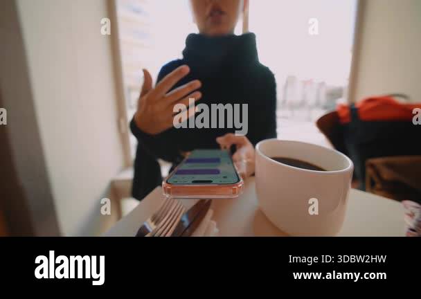 Woman Gesturing While Holding Phone Near Coffee Cup, Animated ...