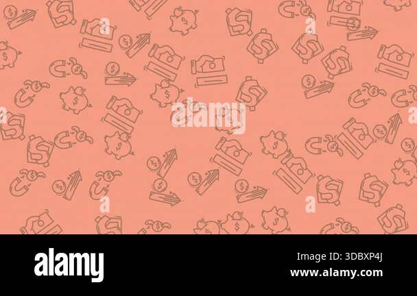 Displays money earning icons scattered on a peach colored background ...