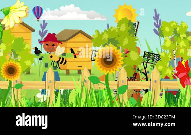Bee Flying Between Flowers on Countryside Farm Scene (Animation ...