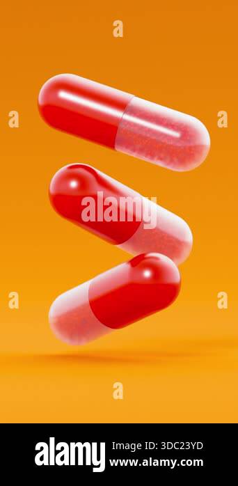 Animation of red medicine capsules with granules inside rotating ...