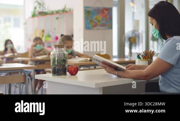 Female teacher wearing a protective face mask demonstrating hand ...