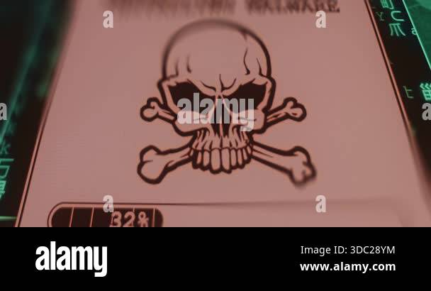 Skull and crossbones symbol on a screen and a progress bar, malware ...