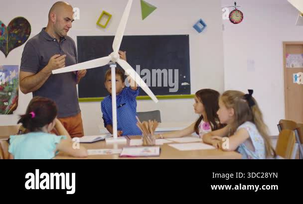 Elementary school teacher explaining wind turbine model to curious ...