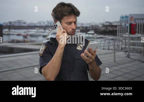 Young hispanic man police officer holds phone to ear while reading a ...