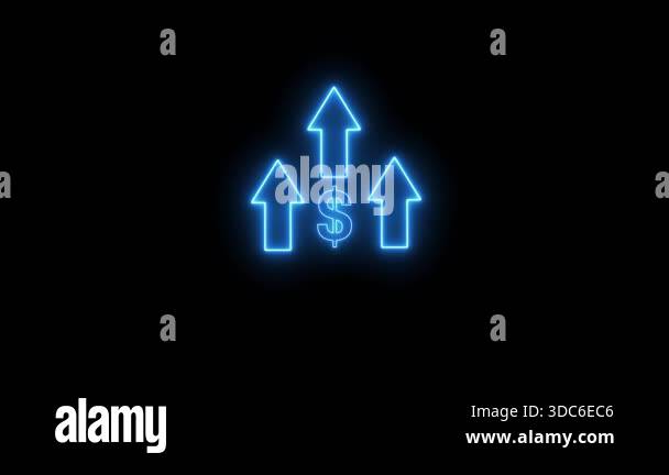 Glowing neon line of dollar sign icon and up arrow isolated on black ...