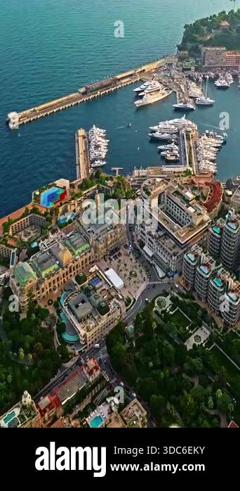 Aerial view of the city center of Monaco. Establishing shot showcases ...