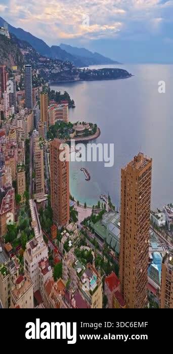 Birds eye aerial view of traffic in Monte Carlo, Monaco. Famous formula ...