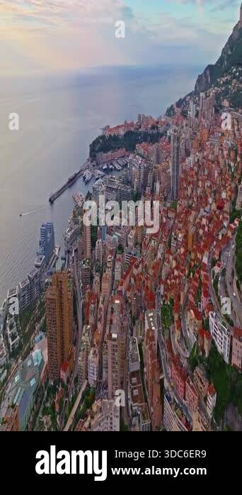Birds eye aerial view of traffic in Monte Carlo, Monaco. Famous formula ...