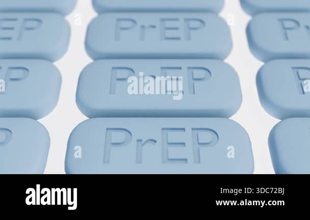 A 3D animation of blue, oval pills with "PrEP" engraved on the surface ...