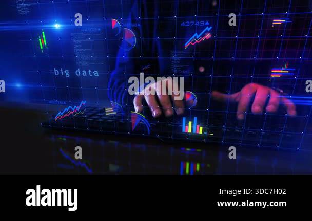 Big data digital technology charts and graphs diagram with man typing ...