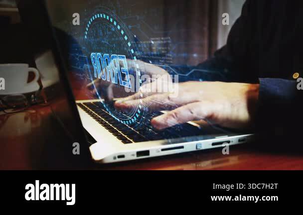 Error warning alert symbol and man typing computer keyboard. Hands on ...