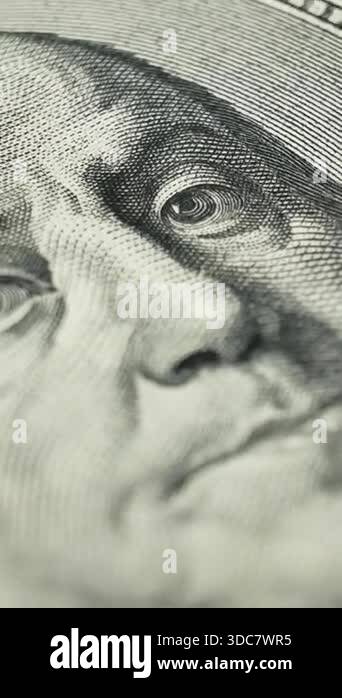 Close up of 100 dollar bill featuring Benjamin Franklin portrait. Money ...