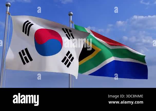 South Korea and Republic of South AfricaTwo flags on flagpoles in wind ...
