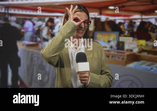Woman reporter holding microphone makes ok sign with hand to eye on ...