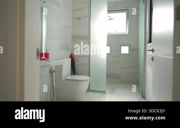 Bright modern bathroom with toilet, frosted glass shower door and small ...
