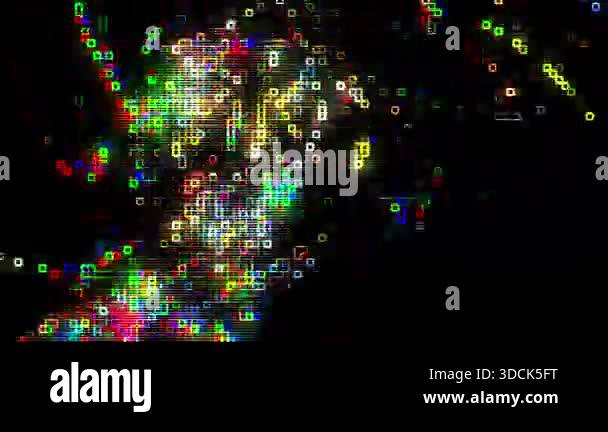 Colorful glowing geometric shapes and pixels streaming across a black ...