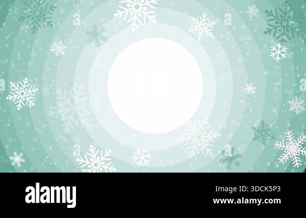 White circle surrounded by teal rings and snowflakes. Light snowfall ...