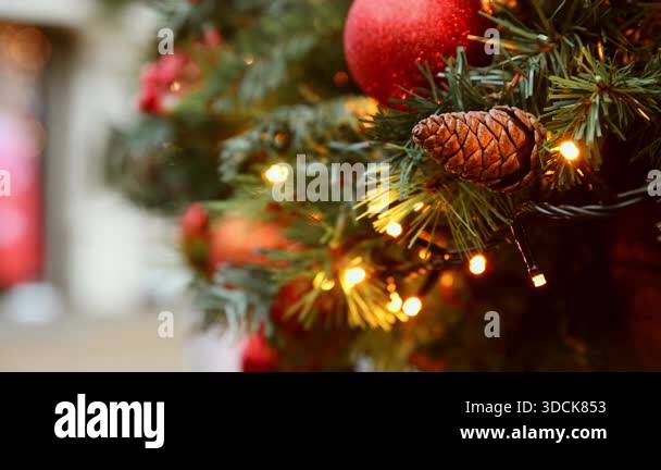 Detailed close-up of christmas tree branch adorned with glowing fairy ...