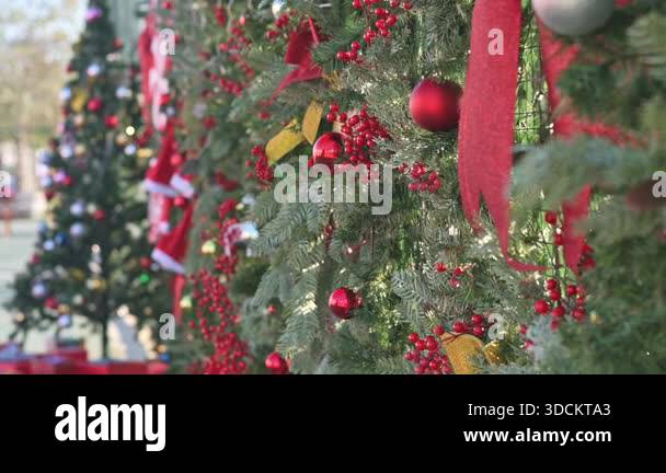 Christmas Decorations on Wall with Blurred Park and People in ...