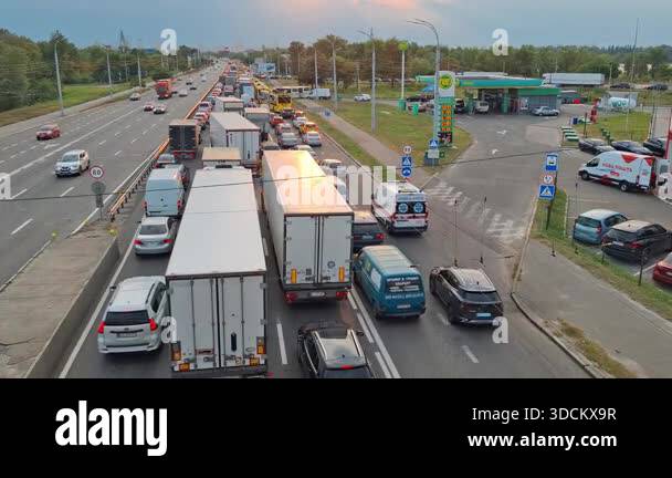 KYIV, UKRAINE, AUGUST 29, 2025: Traffic jam at on one side of the road ...