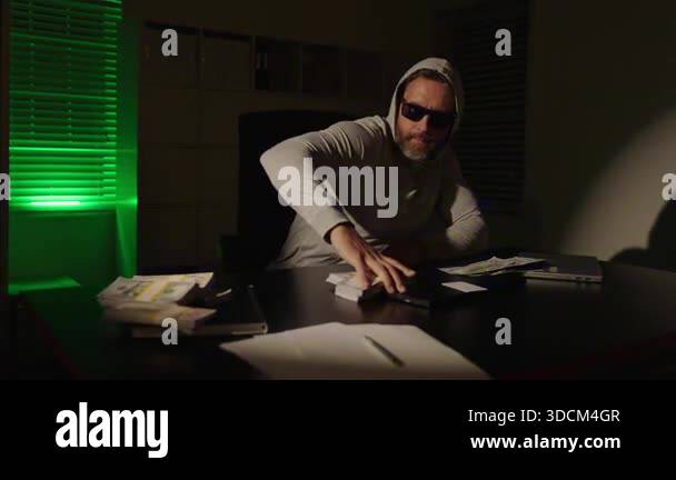 Burglar man stealing money and laptop. Robbery crime at night. Criminal ...