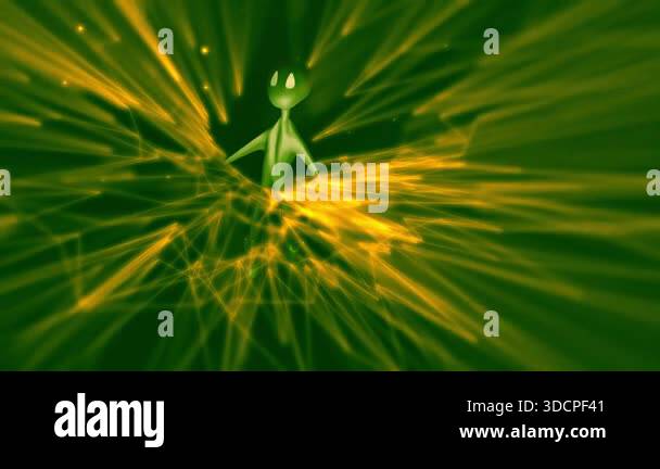 Green alien floating in green abstract plexus looking around 4k ...