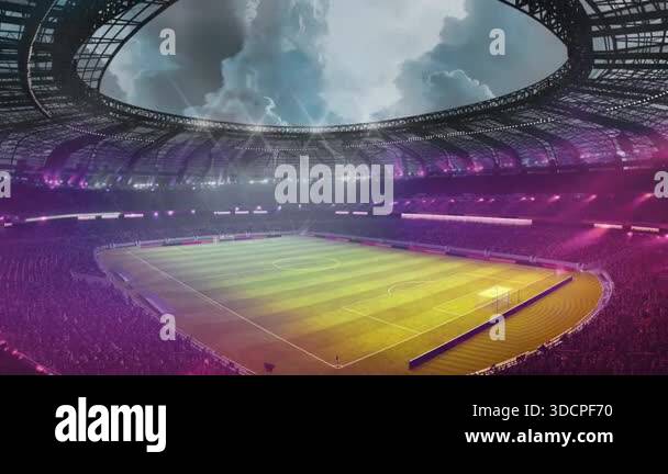 Promo video. 3D grand football stadium filled with crowd under open ...