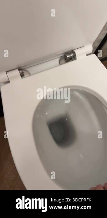 broken toilet seat. clean white toilet is not secured well, the lid is ...