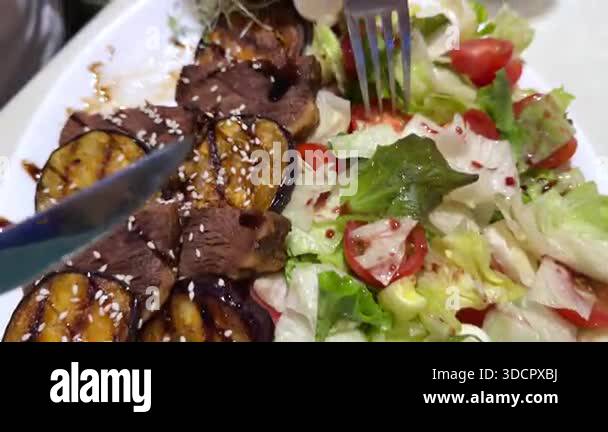 Rings of eggplant, tomato and zucchini with pieces of chicken and ...