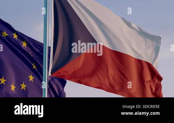 European Union and Czech Republic: Cinematic Waving Flags Against Blue ...