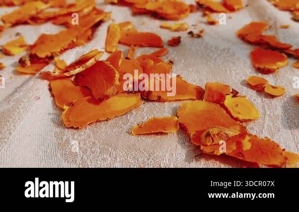 Traditional sun drying showcasing vibrant fresh turmeric slices in ...