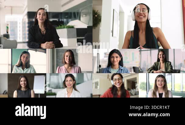 Different women speaking at camera, collage view. Group of ...