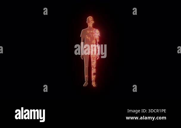 Animation of a mans silhouette gradually dissolving into a stream of ...