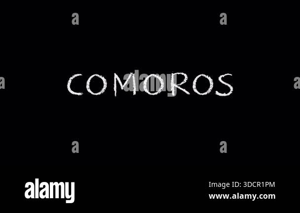 Handwritten country name comoros emerging dynamically on stark black ...