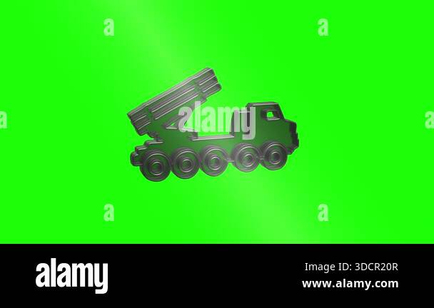 Metallic rocket launcher spinning and releasing missiles against green ...